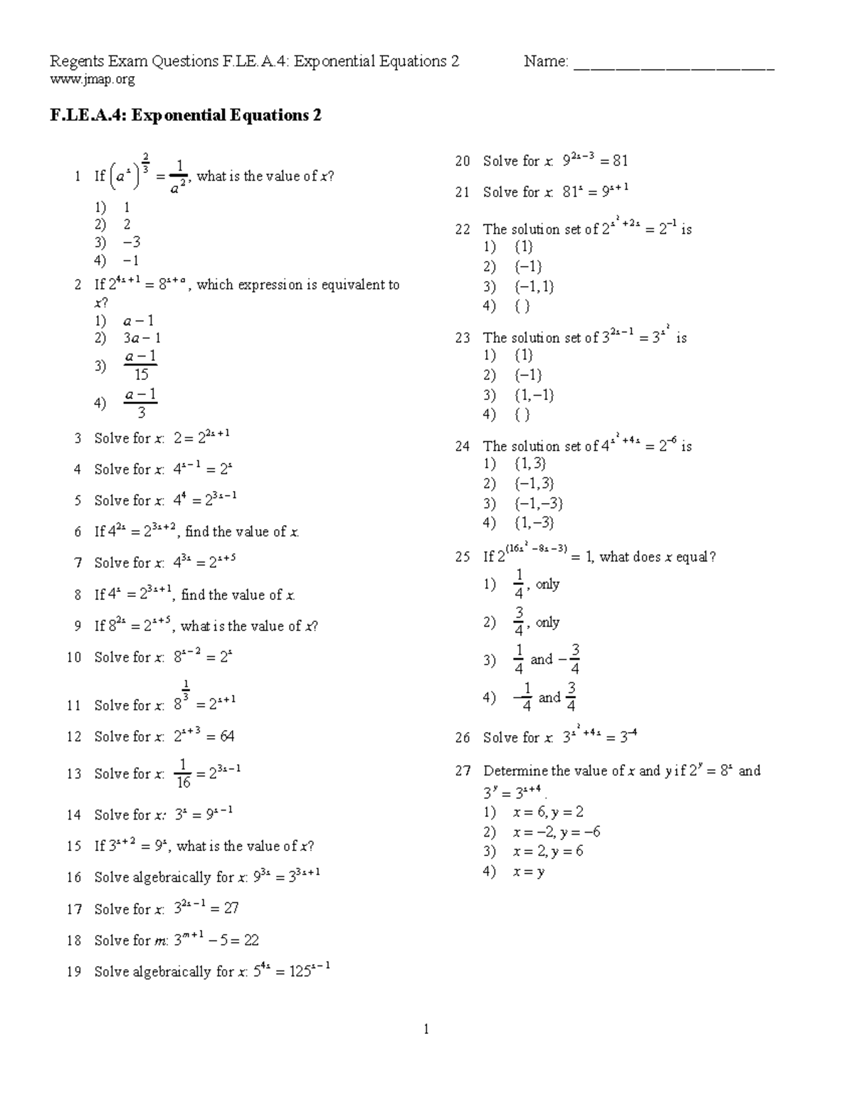 F.LE.A.4: Regents Exam Questions on Exponential Equations - Studocu