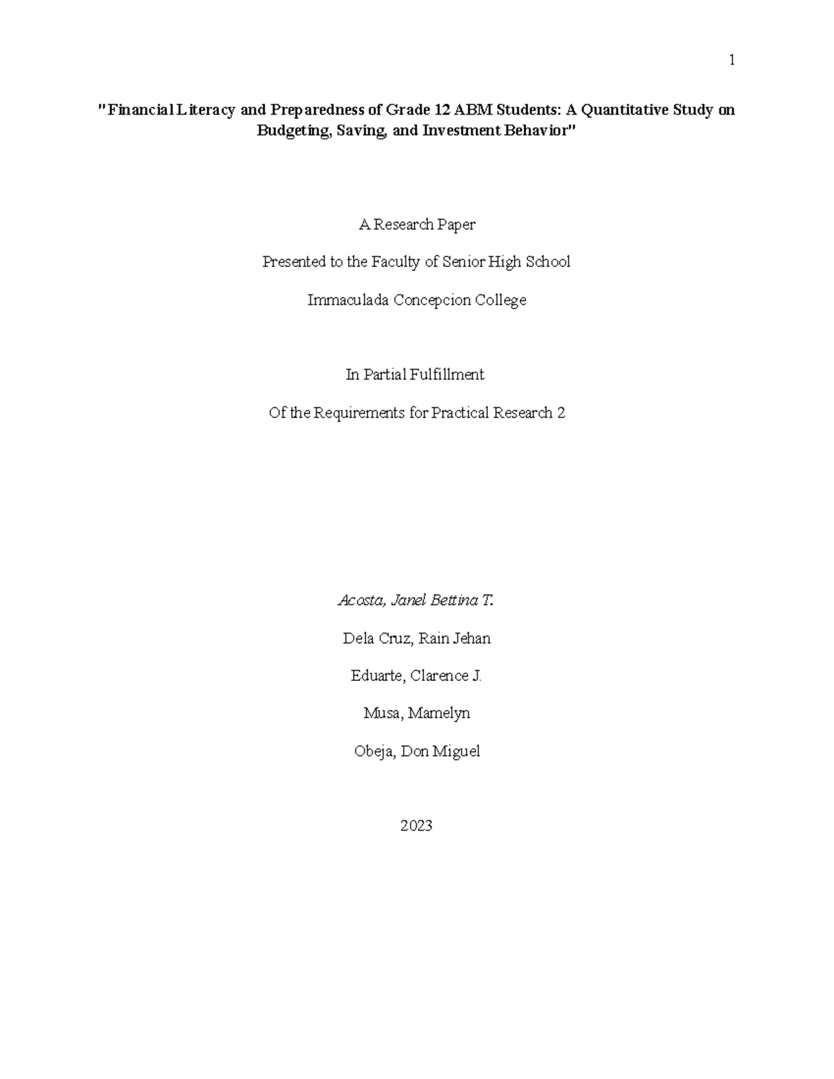 "Practical Research 2 - Financial Literacy Study of Grade 12 ABM ...