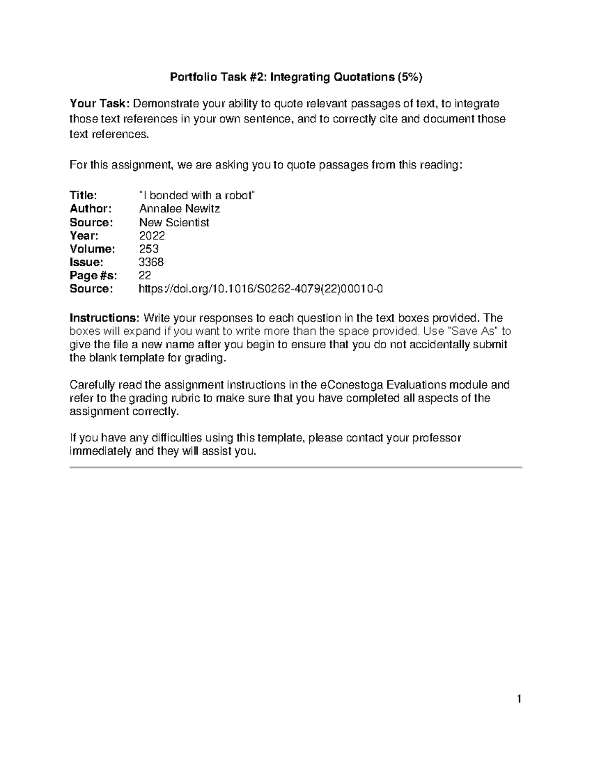 Integrating Quotations Template F23 - Portfolio Task # 2 : Integrating ...