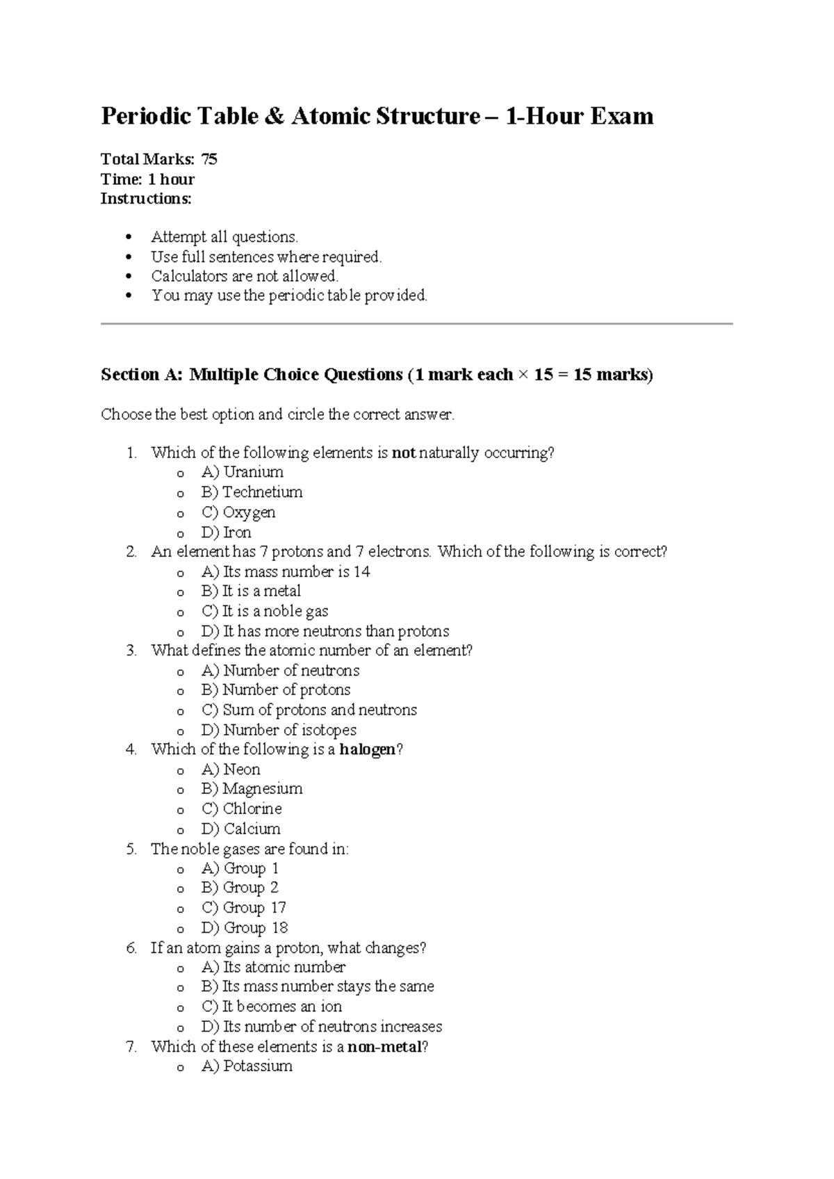 Periodic Table & Atomic Structure Exam (Total Marks: 75) - Studocu