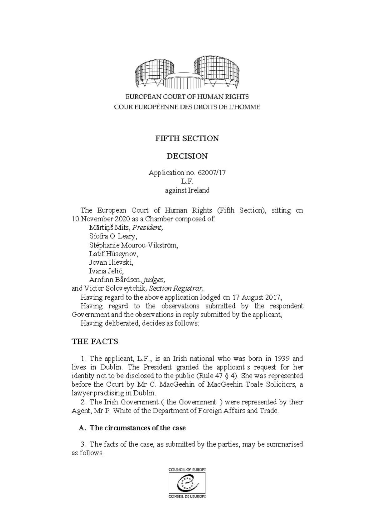 FIFTH SECTION DECISION: L.F. v. Ireland - ECHR Case Analysis - Studocu