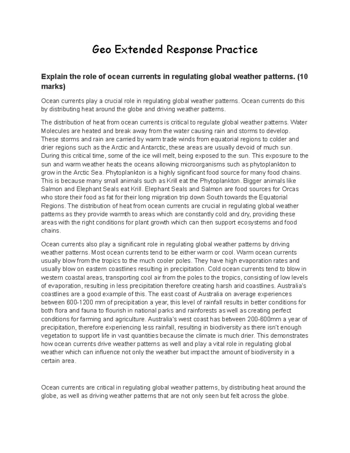 Yr.11 Geo Extended Response Practice: Ocean Currents & Climate Change ...