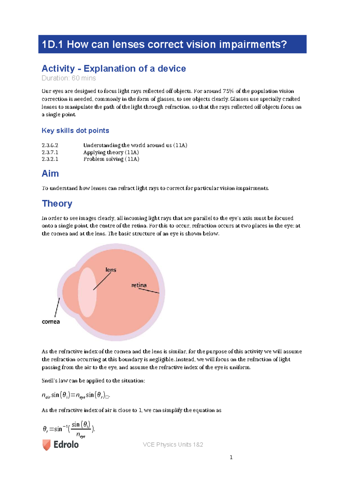 1D Activity - Word doc - smkqwdmwk - 1D How can lenses correct vision ...