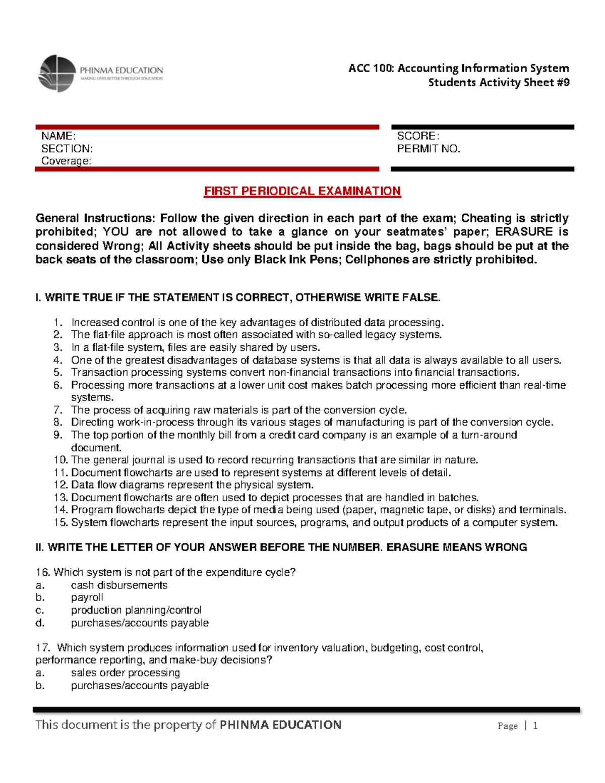ACC 100: First Periodical Exam Activity Sheet for Accounting ...