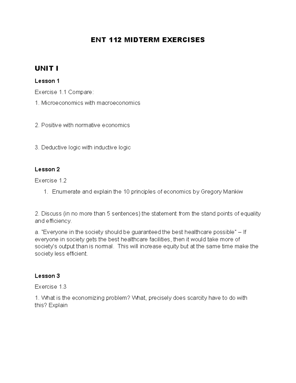 ENT 112 Midterm Exercises: Micro vs Macro & Economic Principles - Studocu