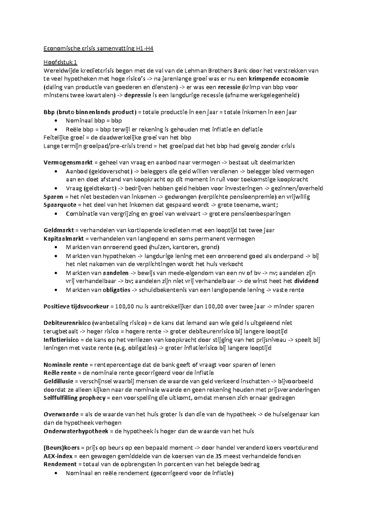 Samenvatting van de Economische Crisis H1-H: Sleutelfactoren en ...