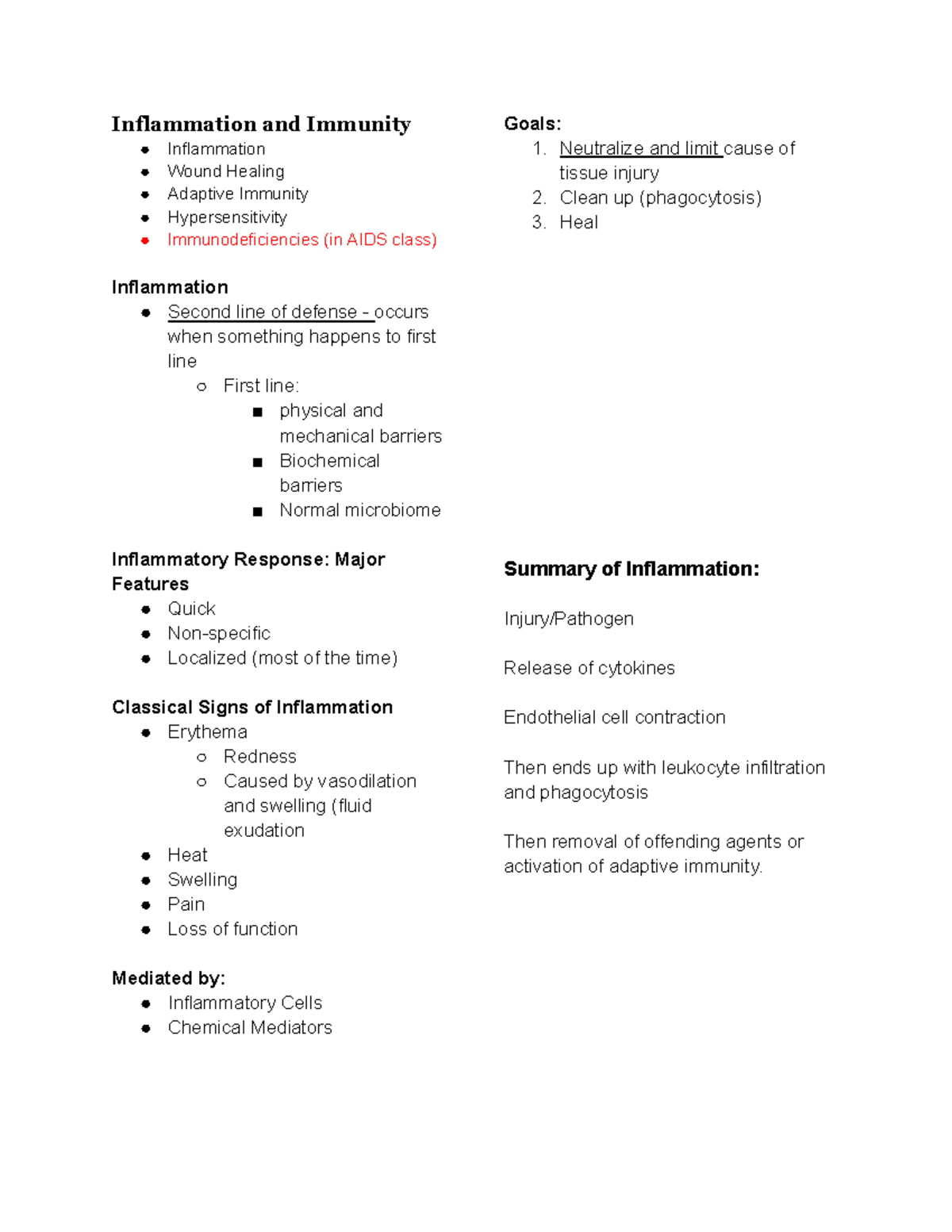 Patho Test 2 Study Doc - Inflammation and Immunity Inflammation Wound ...