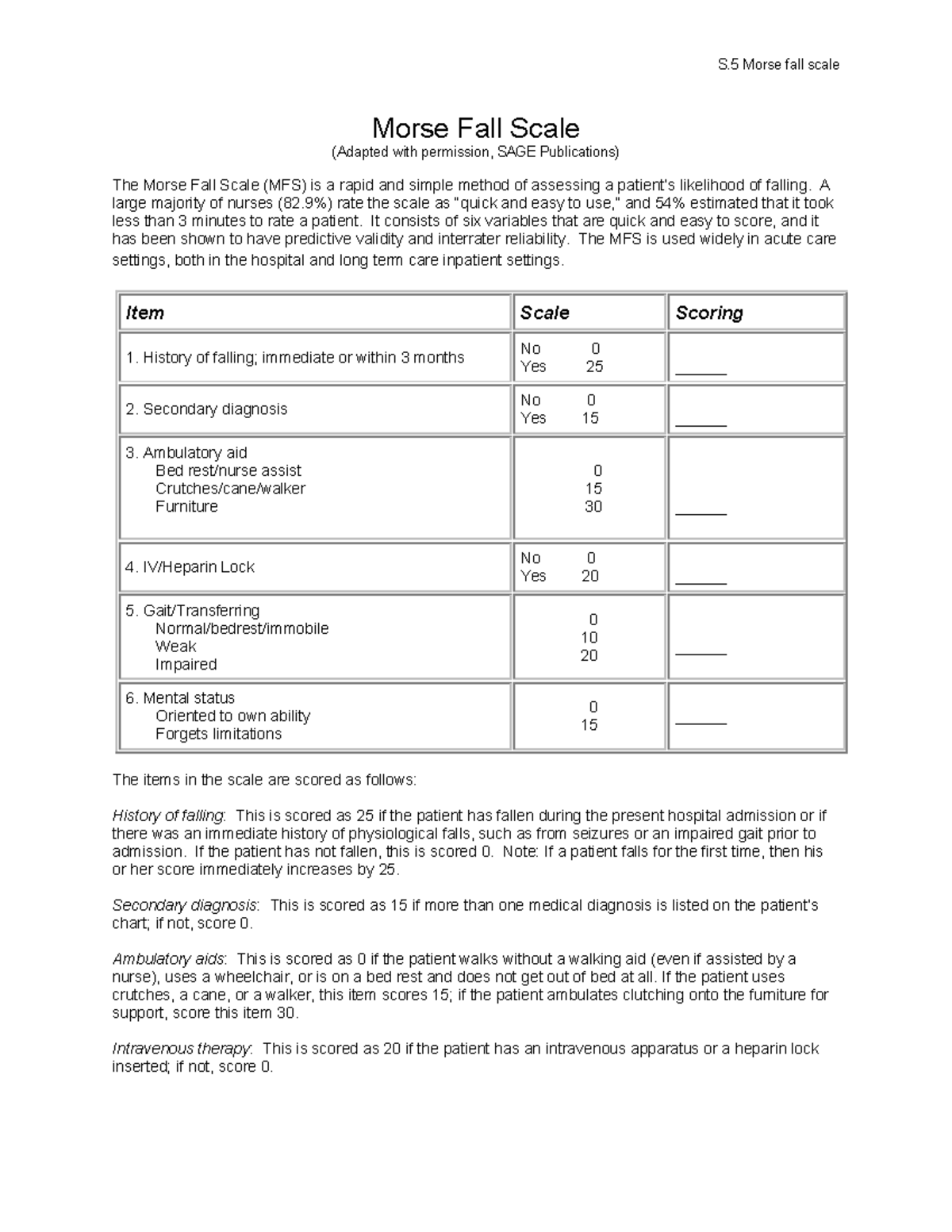 Morse fall scale assessment and scoring guide - Studocu