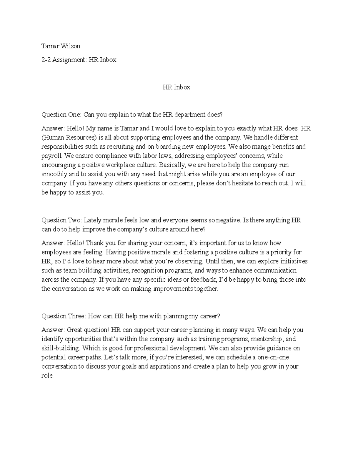 HR Inbox - Tamar Wilson 2-2 Assignment: HR Inbox HR Inbox Question One ...