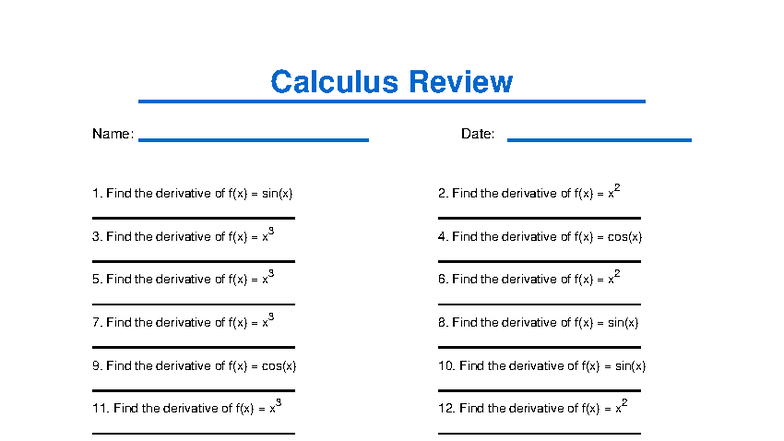 Calculus Review 7 - Derivative Practice Notes - Studocu