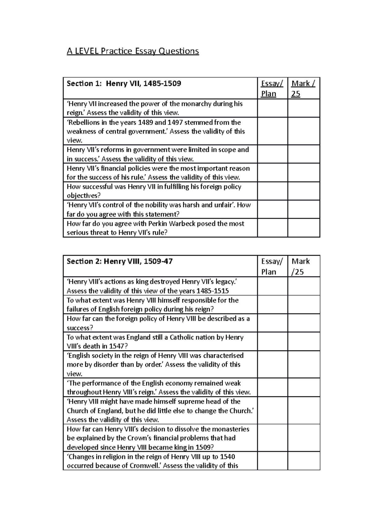 A Level Essay Questions on the Tudors: Comprehensive Practice Notes ...