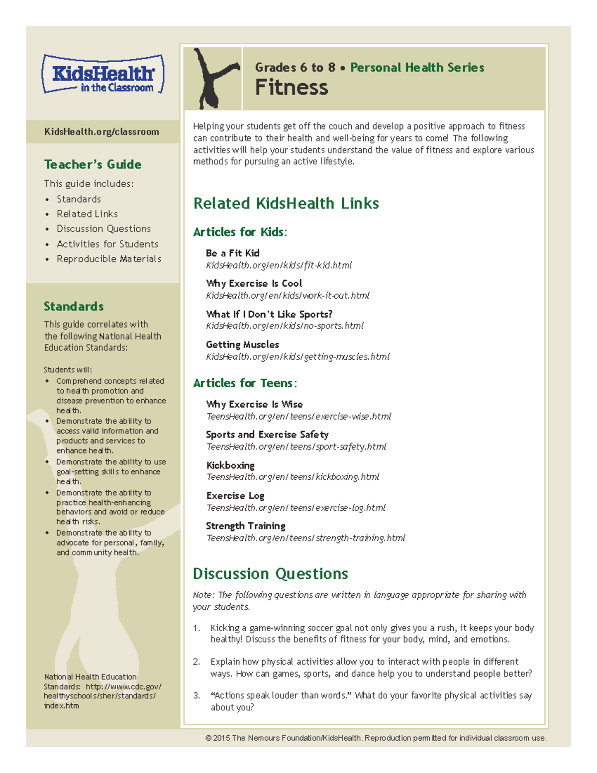 Grades 6-8 Personal Health Series: Fitness Guide & Activities - Studocu
