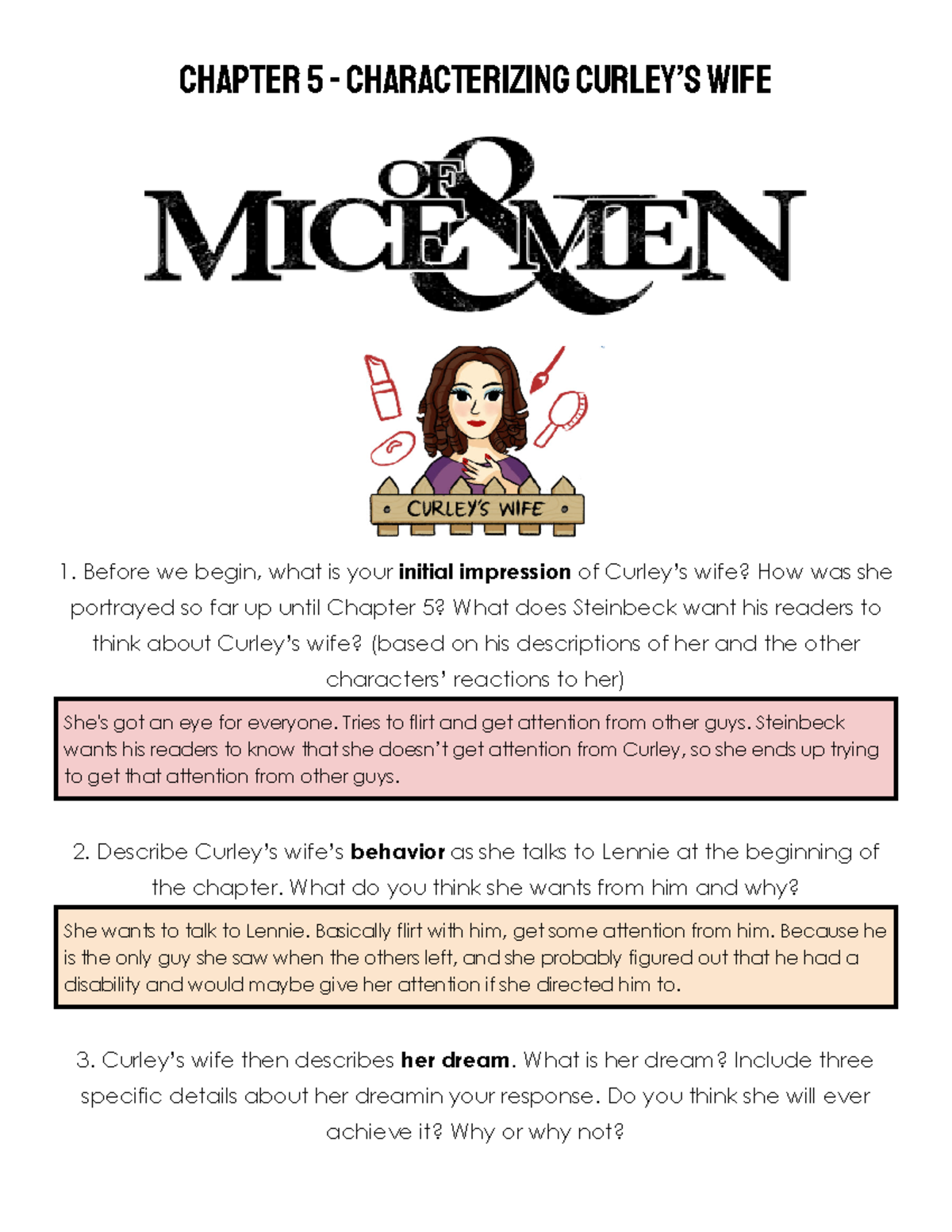 OMAM Ch. 5 - Analyzing the Depth of Curley's Wife's Character - Studocu