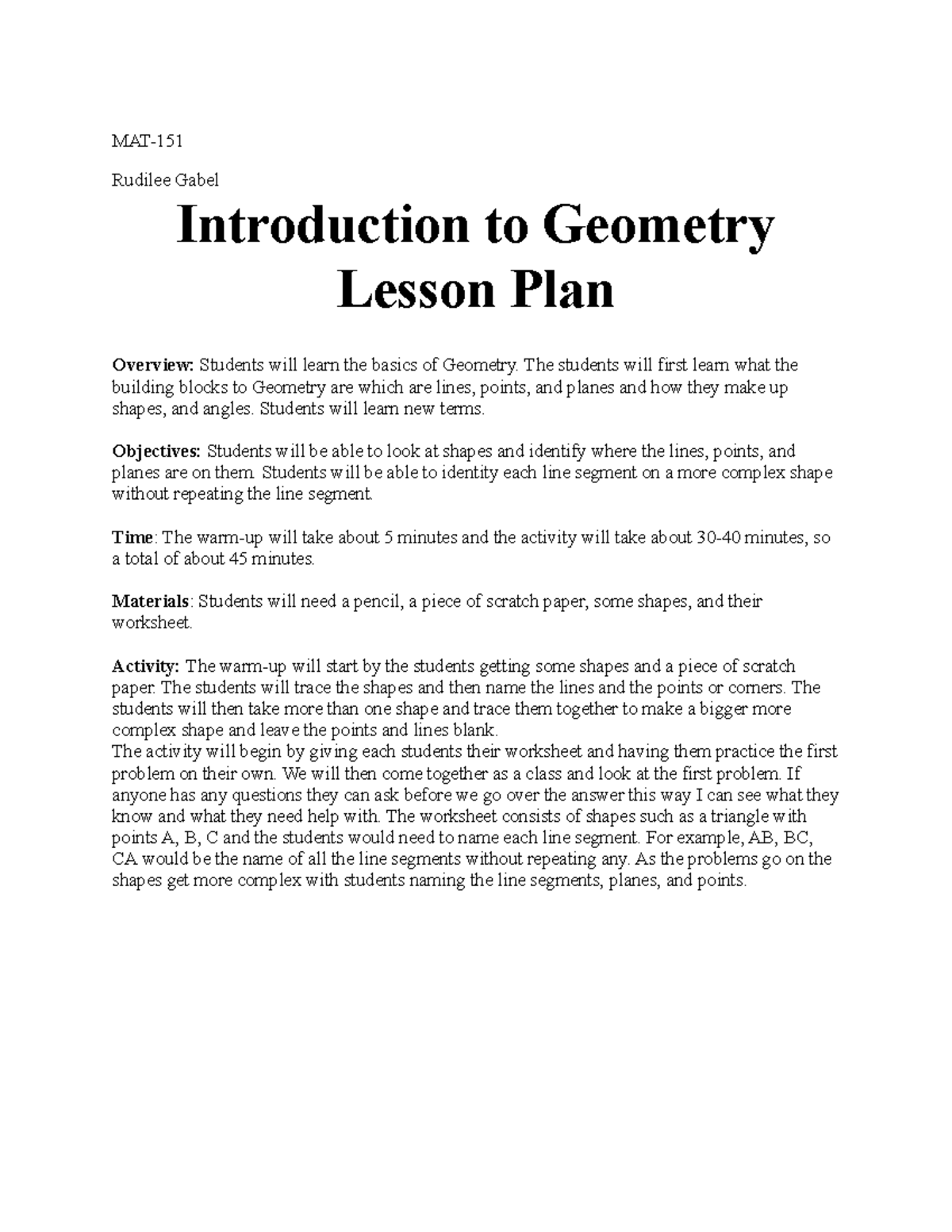 Lesson Plan on Intro to Geometry - MAT- Rudilee Gabel Introduction to ...