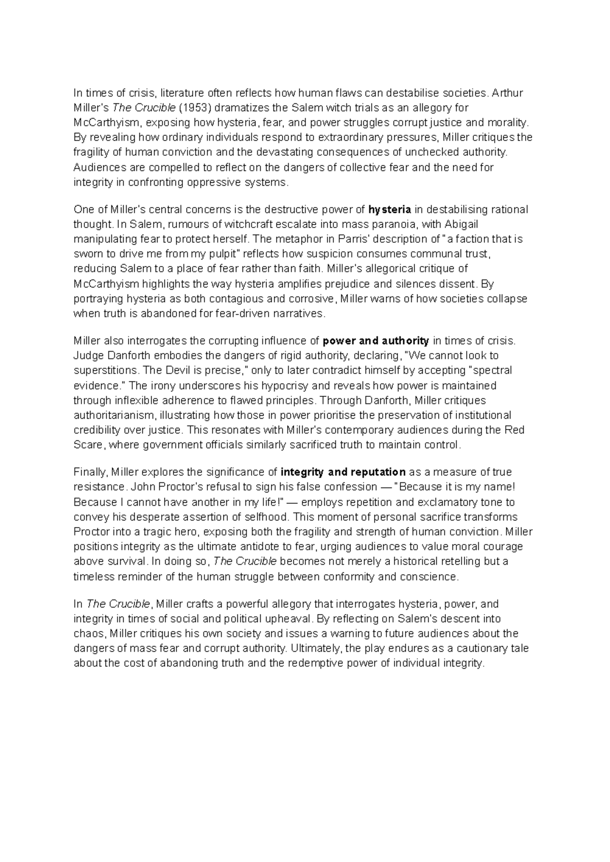 ENG 101 Essay: Hysteria, Power, and Integrity in Miller's The Crucible ...