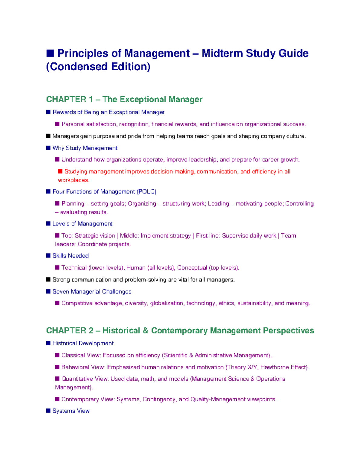 Principles of Management (MGT101) Midterm Study Guide: Key Concepts ...