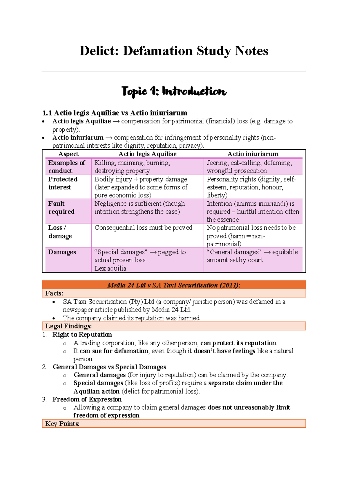 Defamation Study Notes: Delict Overview (Course Code: DEL101) - Studocu