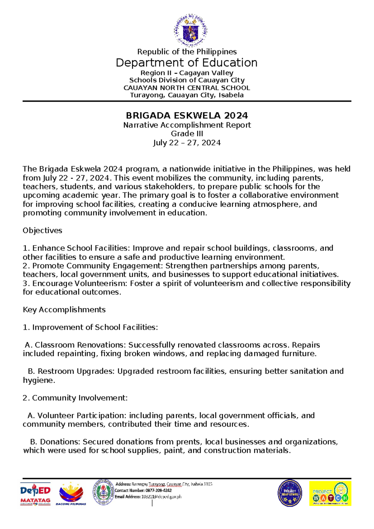 Brigada Eskwela 2024 Accomplishment Report - Cauayan North Central ...
