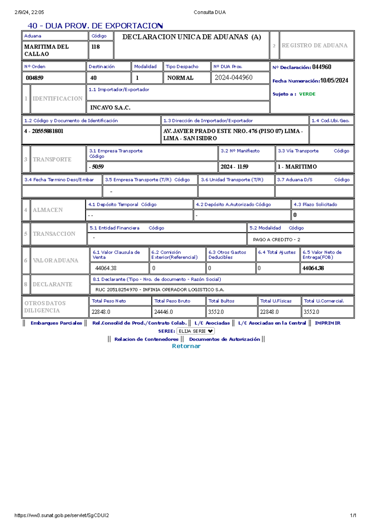 Consulta DUA de Exportación - Documento 40 para Marítimo - Studocu