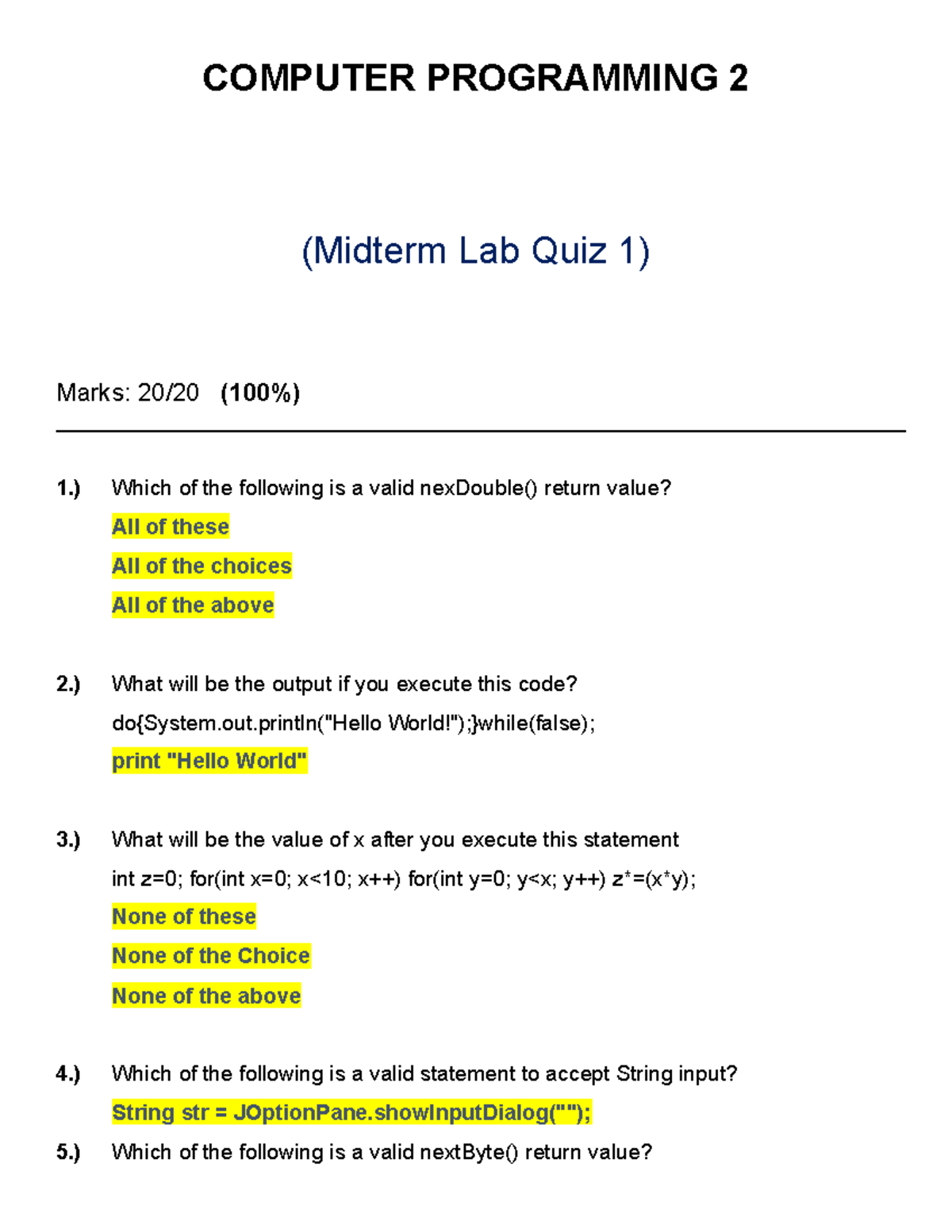 Computer Programming 2 Midterm LAB QUIZ 1 - COMPUTER PROGRAMMING 2 ...