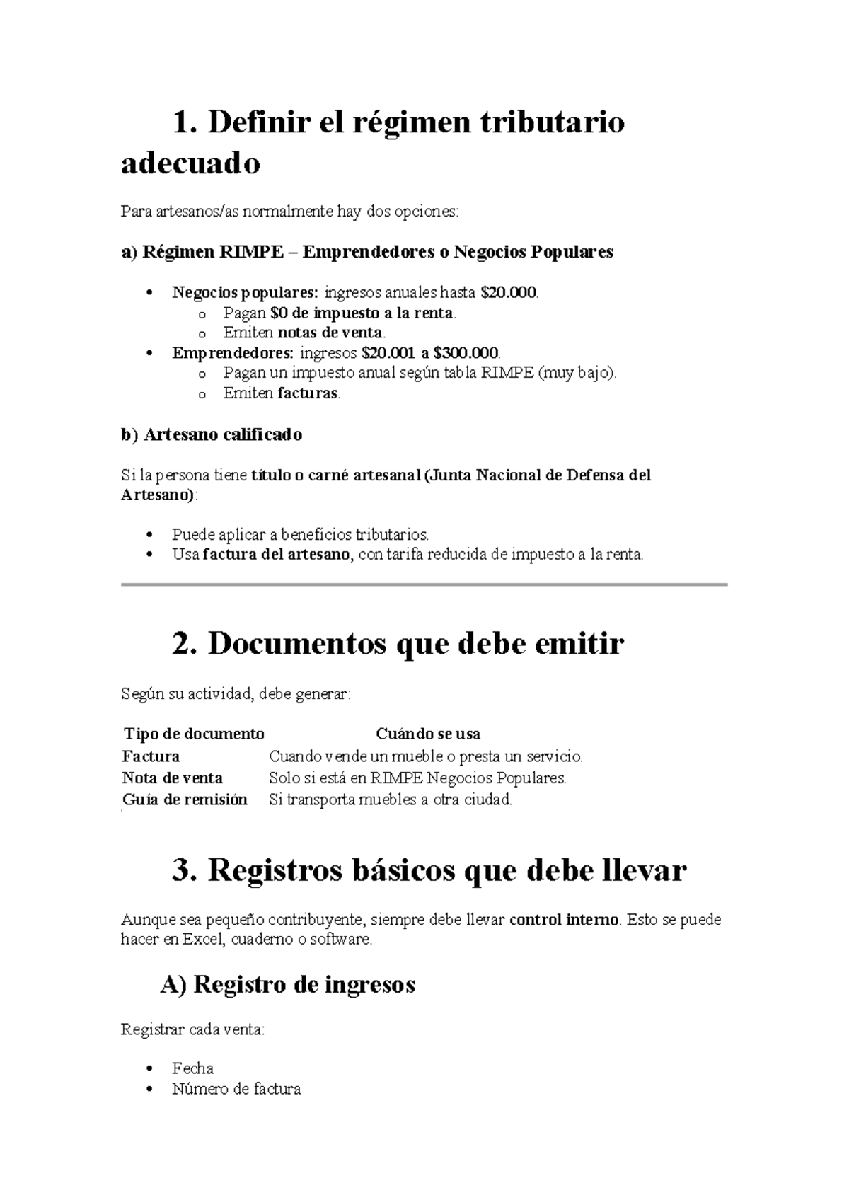 Régimen Tributario y Control de Costos para Artesanos - RIMPE - Studocu