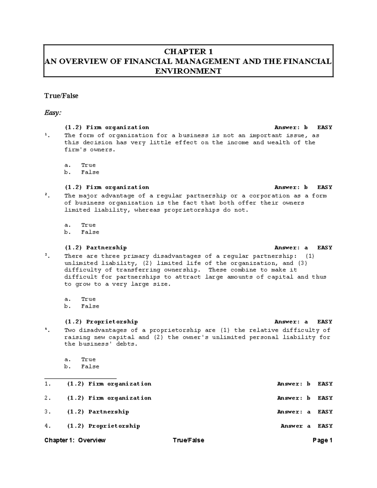 Test Bank - Test Bank for Chapter1 - CHAPTER 1 AN OVERVIEW OF FINANCIAL ...
