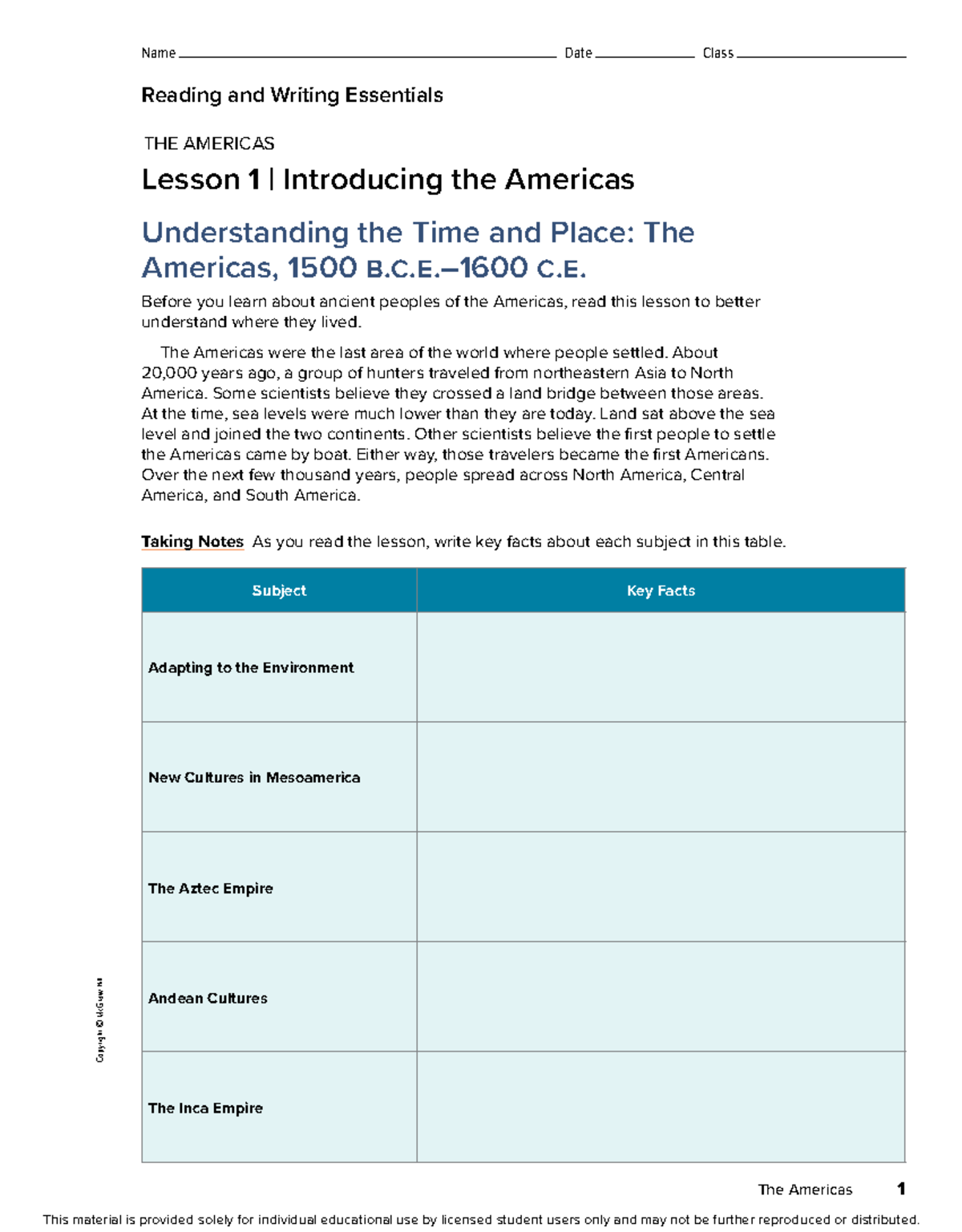 Reading and Writing Essentials: THE AMERICAS Lesson 1 Overview - Studocu