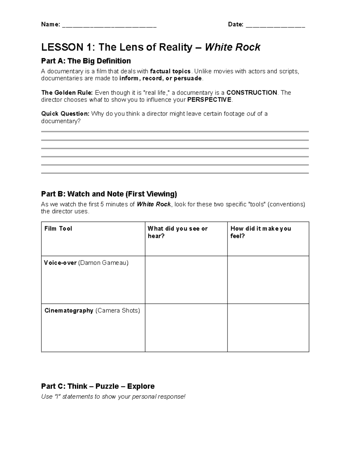Worksheet - Lesson 1: The Lens of Reality (White Rock) Analysis - Studocu