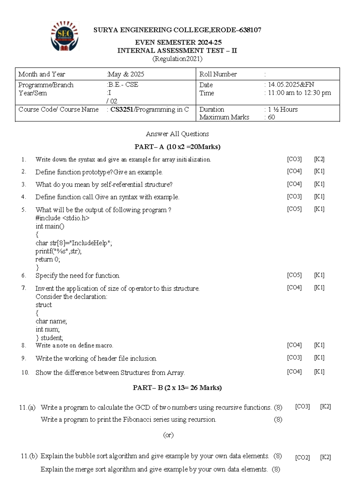 CSE I 02 Even Sem Internal Assessment Test II Notes - Studocu