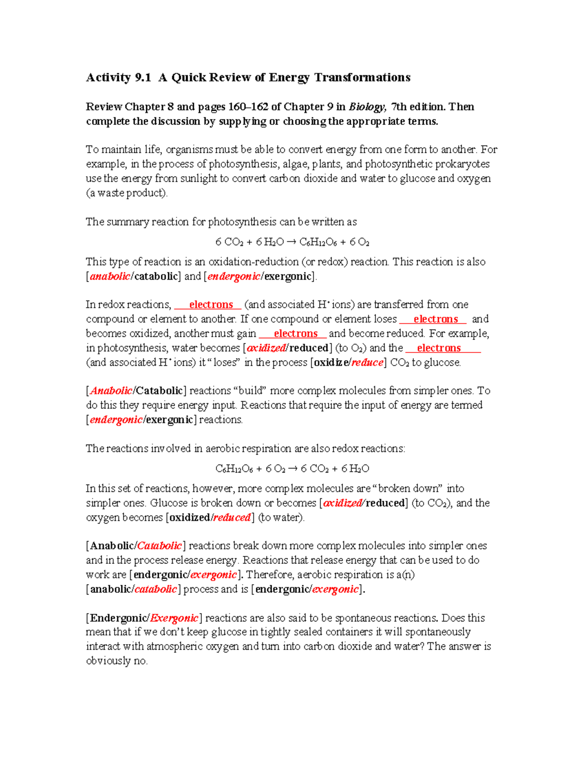 Activity 9 Homework Answer Key: Energy Transformations in Biology - Studocu