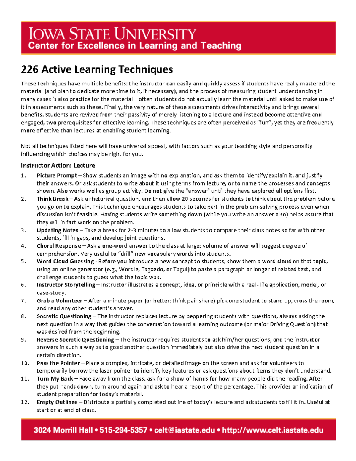 IOWA STATE UNIVERSITY 226 Active Learning Techniques for Engaged Learning - Studocu