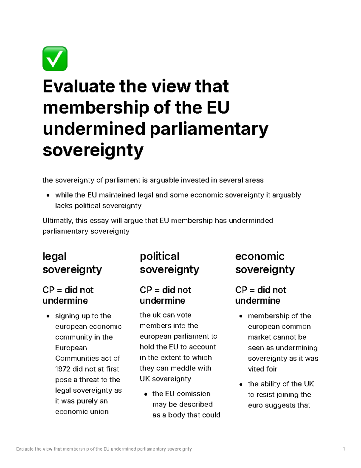 EU Sovereignty Plan: Evaluating Parliamentary Sovereignty Impact - Studocu
