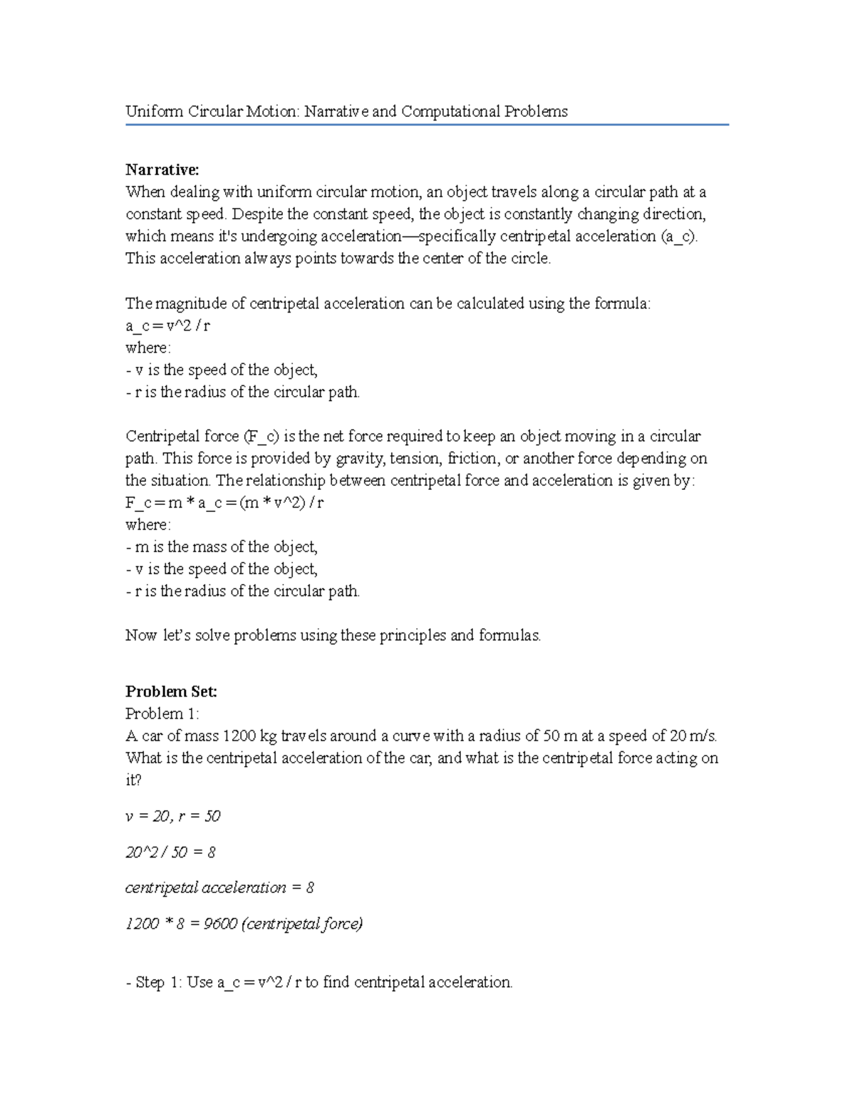 Regents Physics: Uniform Circular Motion Problem Set - Studocu