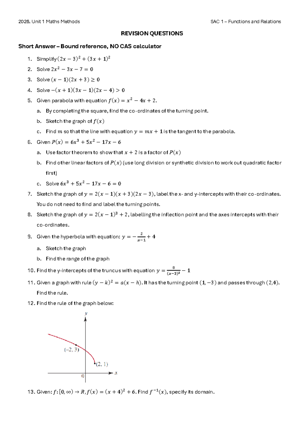 2026. Maths Methods SAC 1 Functions & Relations Revision Questions ...