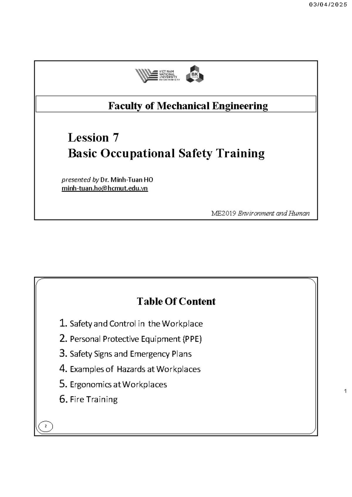 ME2019 L7: Basic Occupational Safety Training Overview - Studocu