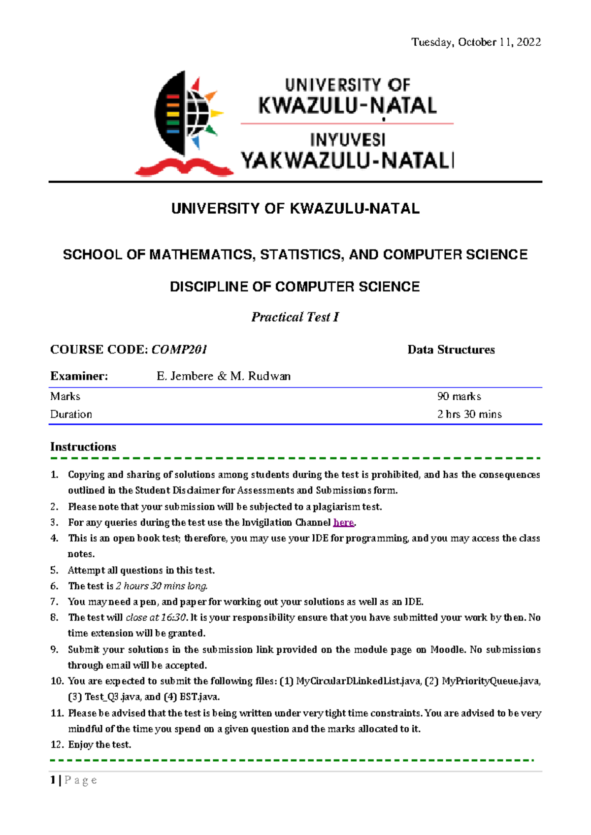 Practical Test I - COMP201 Data Structures Exam Notes - Studocu