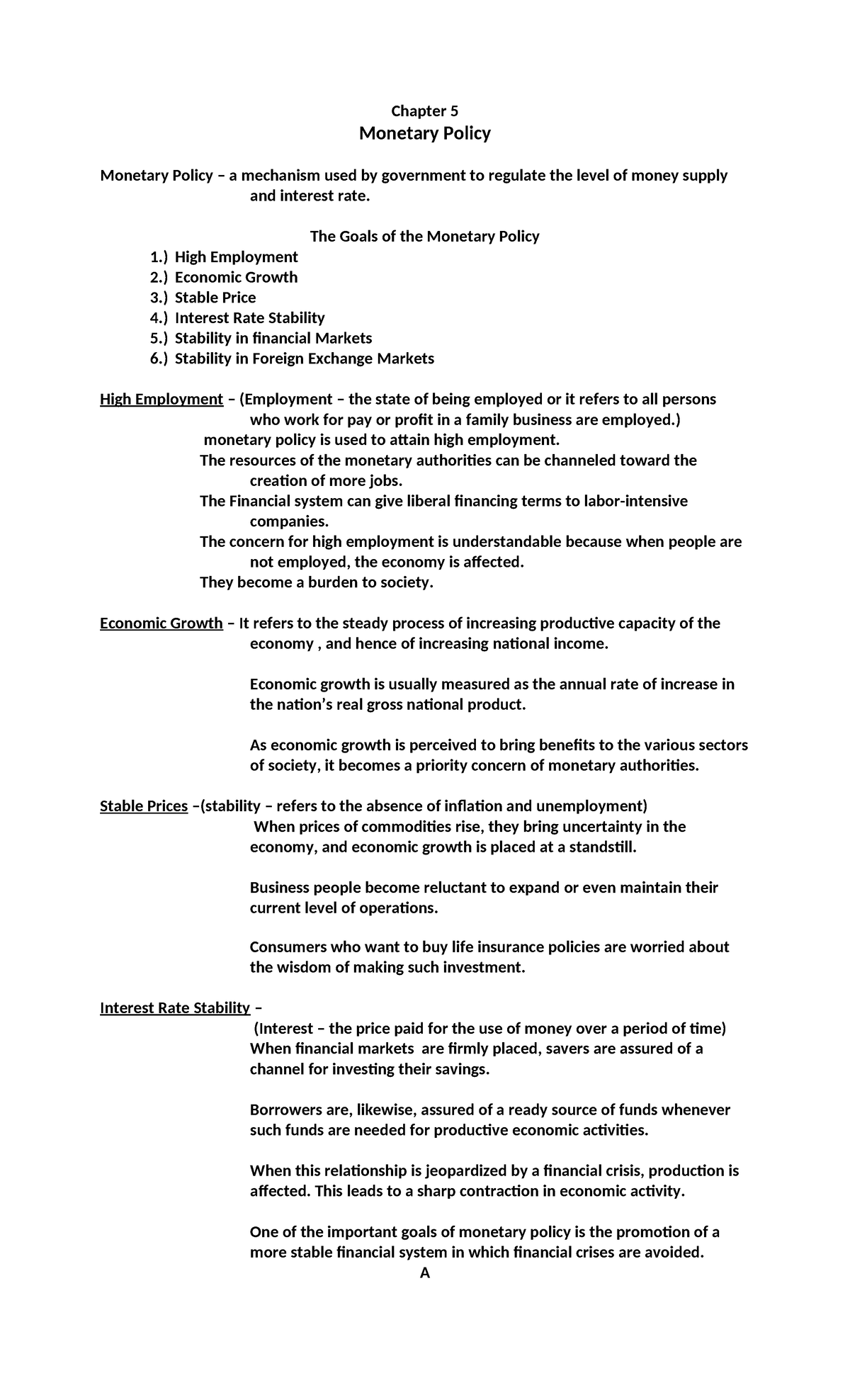F Economics 122 Macro: Chapter 5 Monetary Policy Overview - Studocu