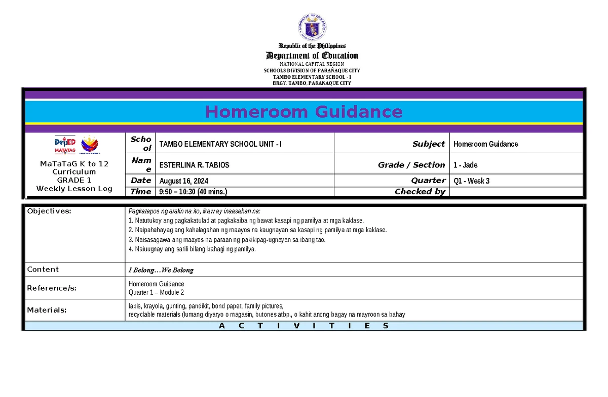 WEEK 8 DAY 1 LANGUAGE LESSON PLAN for GRADE 1 (I-LILY) - Studocu