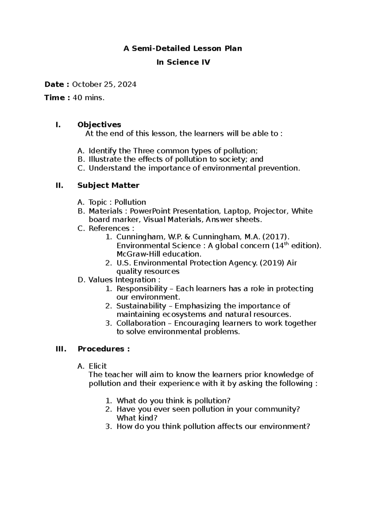 Science IV Lesson Plan: Understanding Pollution and Its Effects - Studocu