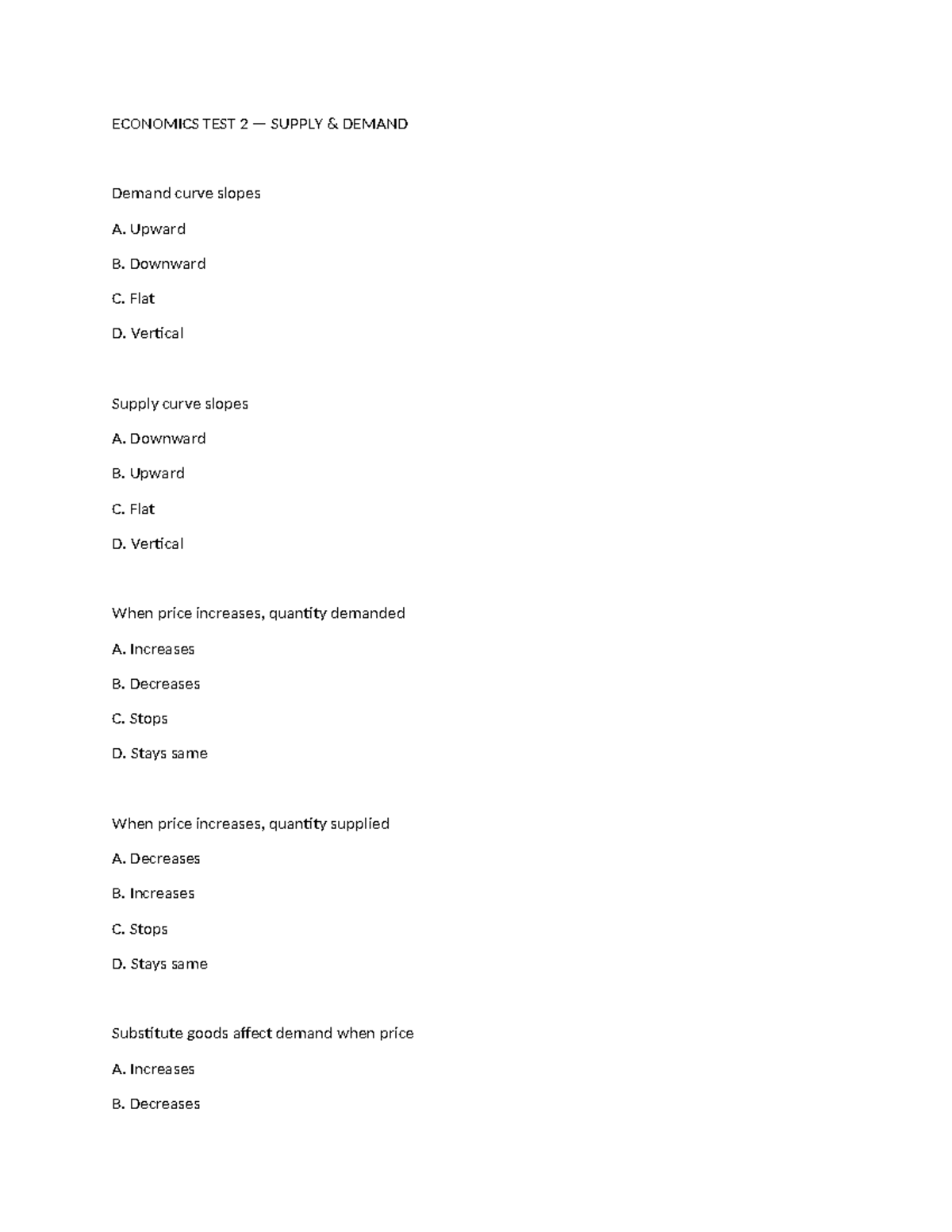 ECON 101: Test 2 - Supply and Demand Concepts & Answer Key - Studocu