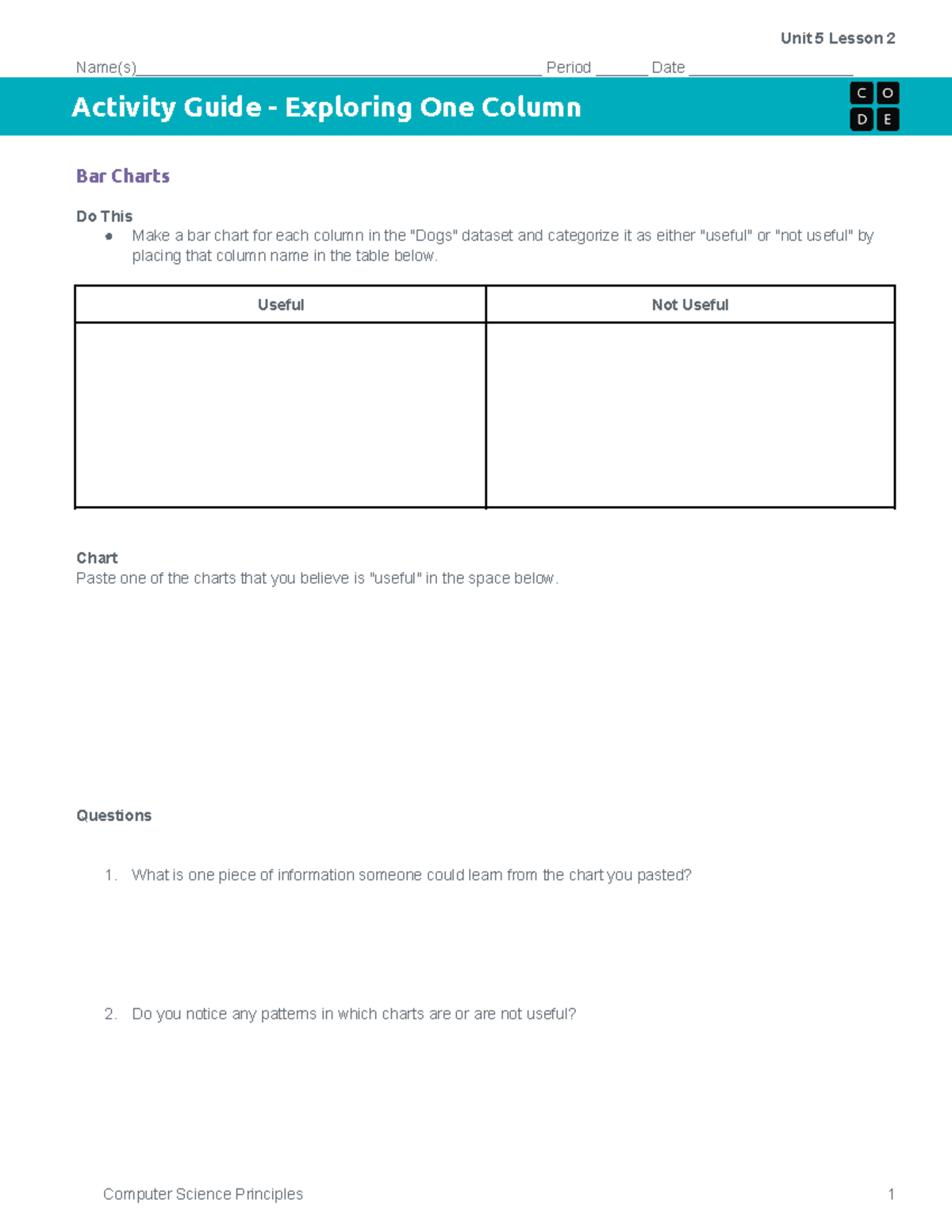 Activity Guide: Exploring One Column Bar Charts - CS 1 Unit 5 L2 - Studocu