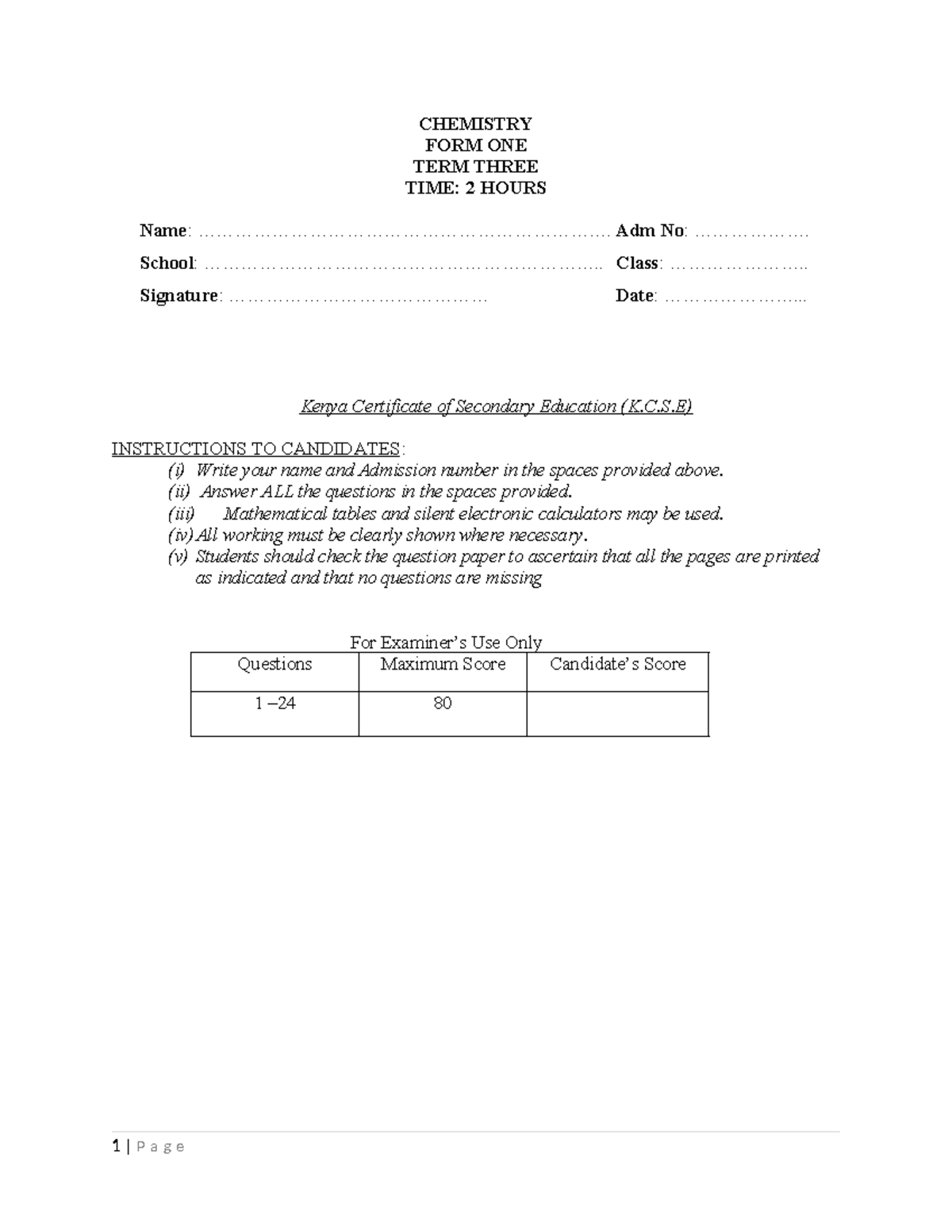 Chemistry Form 1 Term 3 Questions - K.C.S.E Preparation Guide - Studocu