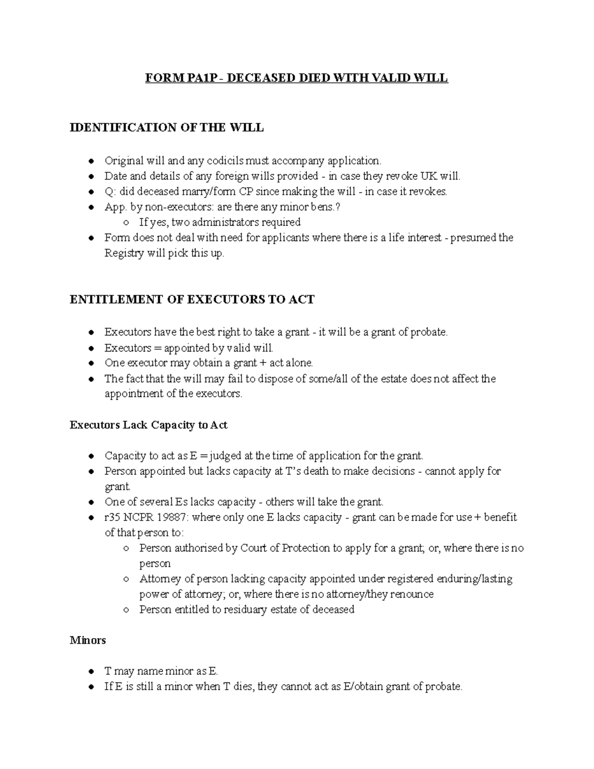 Wills and Admin of Estates - Comprehensive Guide on FORM PA1P - Studocu