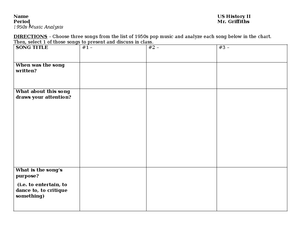 US History II: 1950s Music Analysis Assignment - Studocu