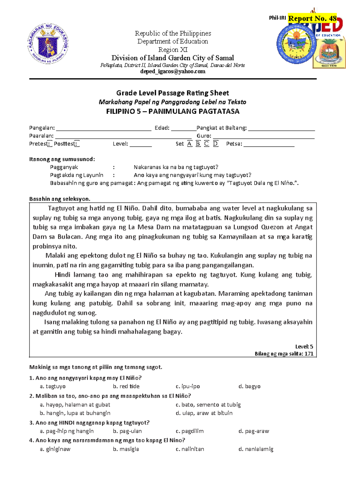 Phil iri form 3a 3b filipino 5 pretest - Republic of the Philippines ...