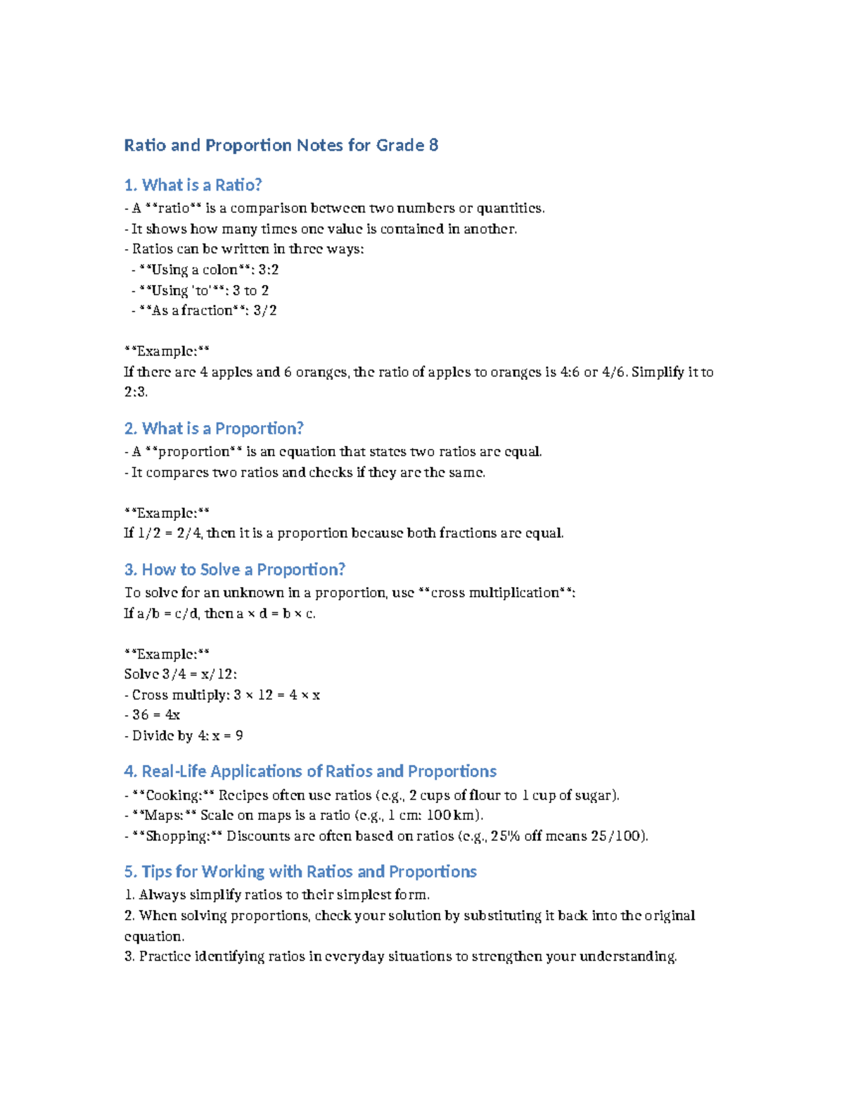 Ratio and Proportion Notes - What is a Ratio? - A ratio is a comparison ...