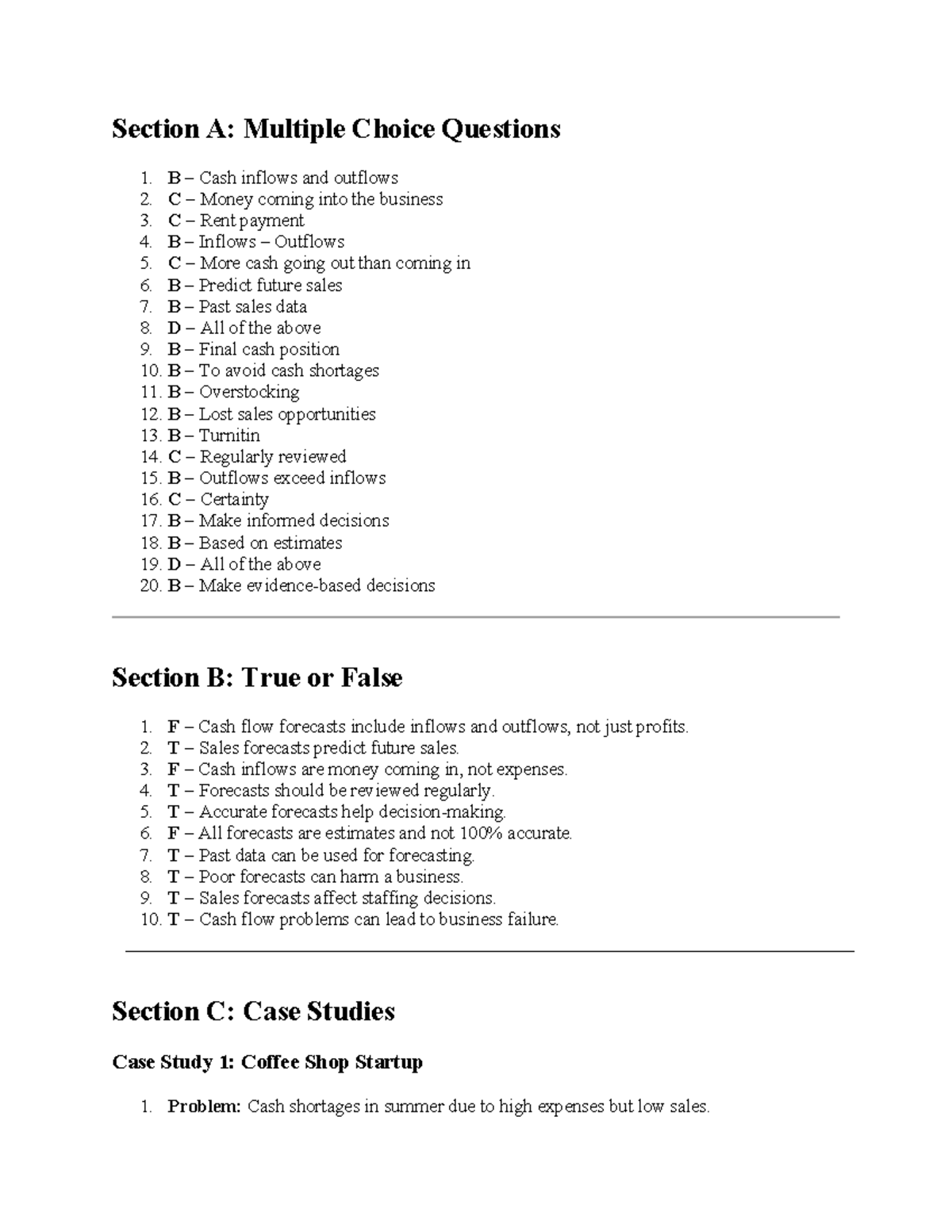 Unit 7 Aim C Worksheet: Cash Flow Forecasting MCQs & Case Studies - Studocu