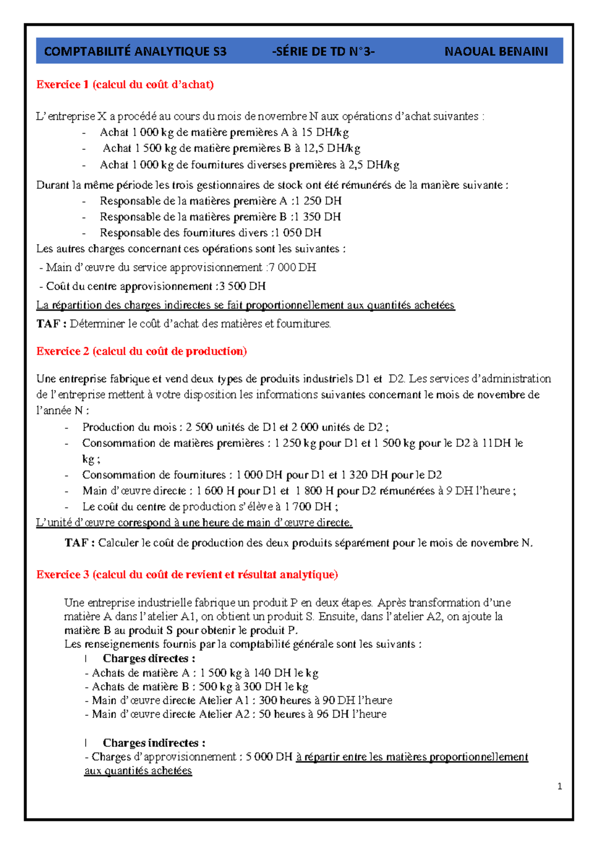 TD n° 3 - Good - 1 COMPTABILITÉ ANALYTIQUE S3 -SÉRIE DE TD N°3- NAOUAL ...