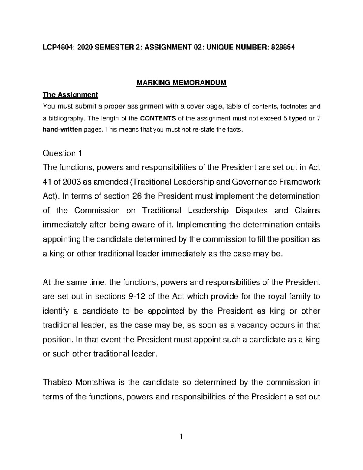 LCP4804: 2020 SEMESTER 2 ASSIGNMENT 02 MARKING MEMO - Studocu