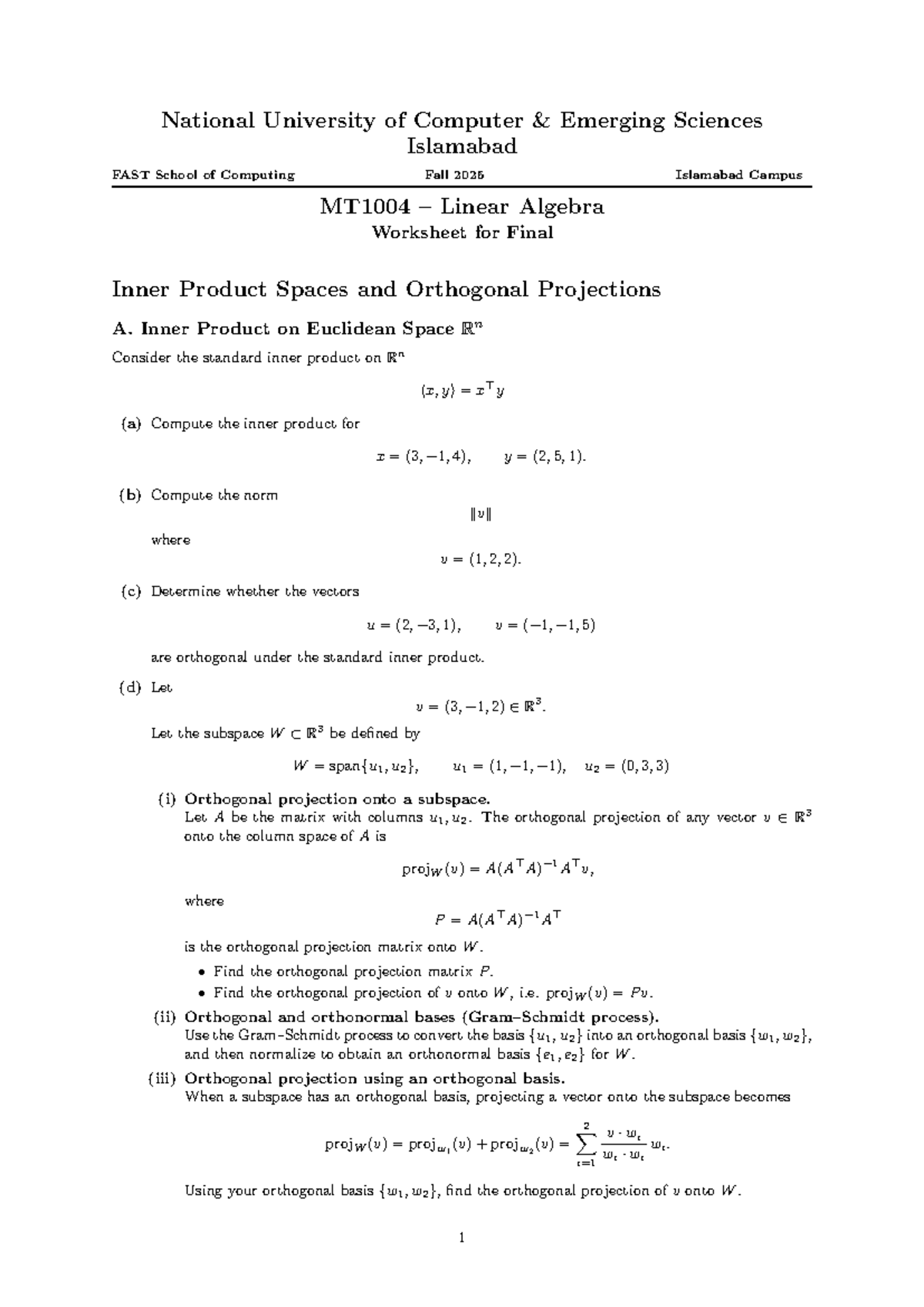 MT1004 Linear Algebra Final Worksheet: Inner Products & Projections ...